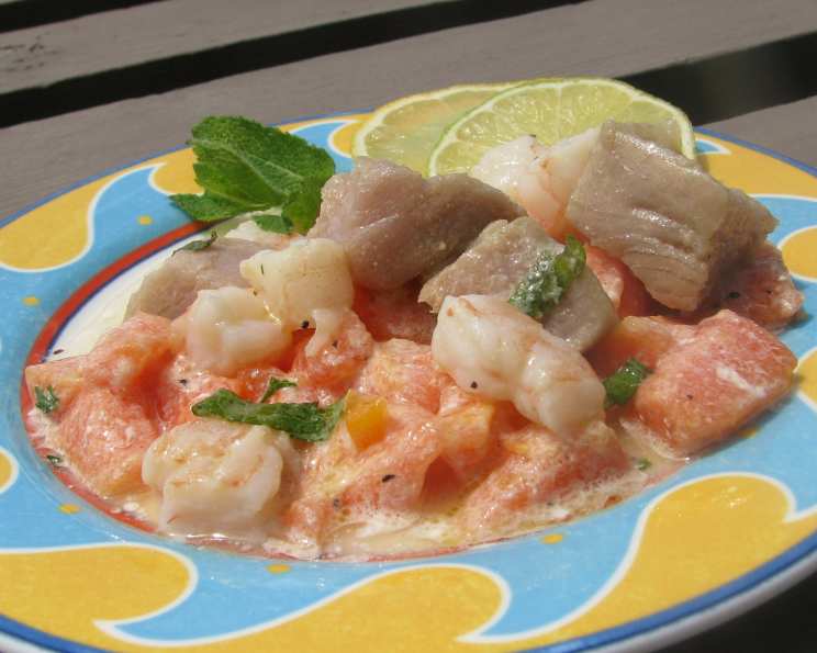 Ahi Tuna and Baby Shrimp Ceviche W/Papaya Salad and Coconut Recipe ...