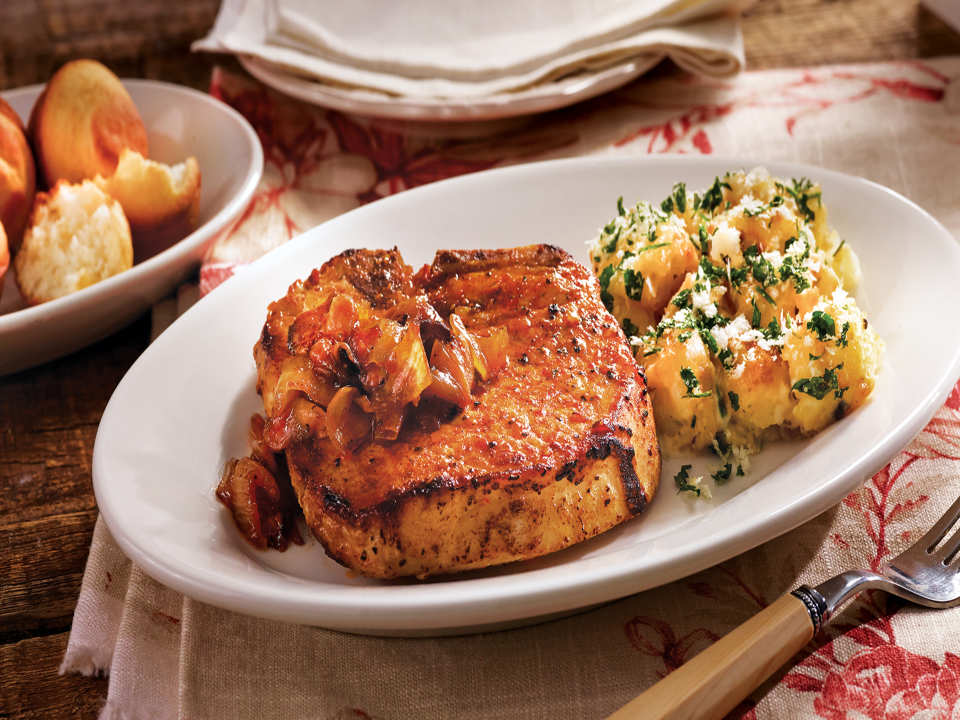 Pork Chops & Bacon Caramelized Onion Jam With Alfredo Potato Recipe ...