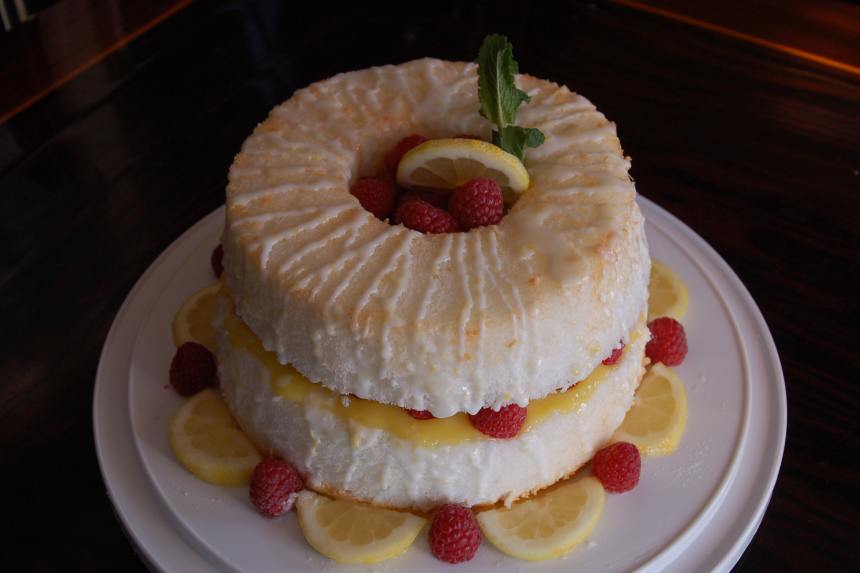 Lemon Angel Food Cake Filled With Lemon Curd and Fresh Raspberry Recipe ...